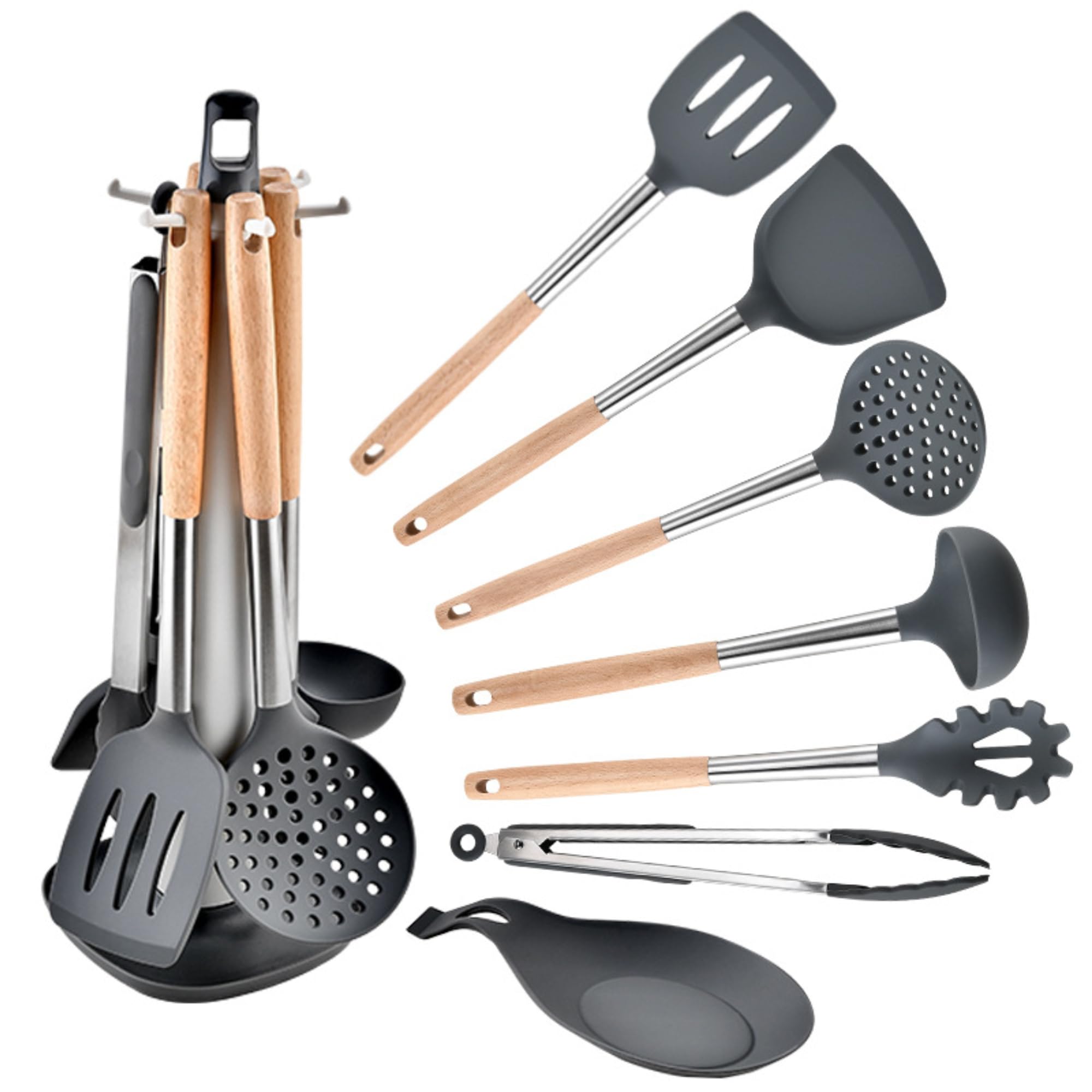 Silicone Cooking Utensils Set, 8pcs Cooking Nonstick Cookware With Wooden Handles and Holder for New Apartment Decor Gadget & Kitchen Tool Gift Sets (Grey)