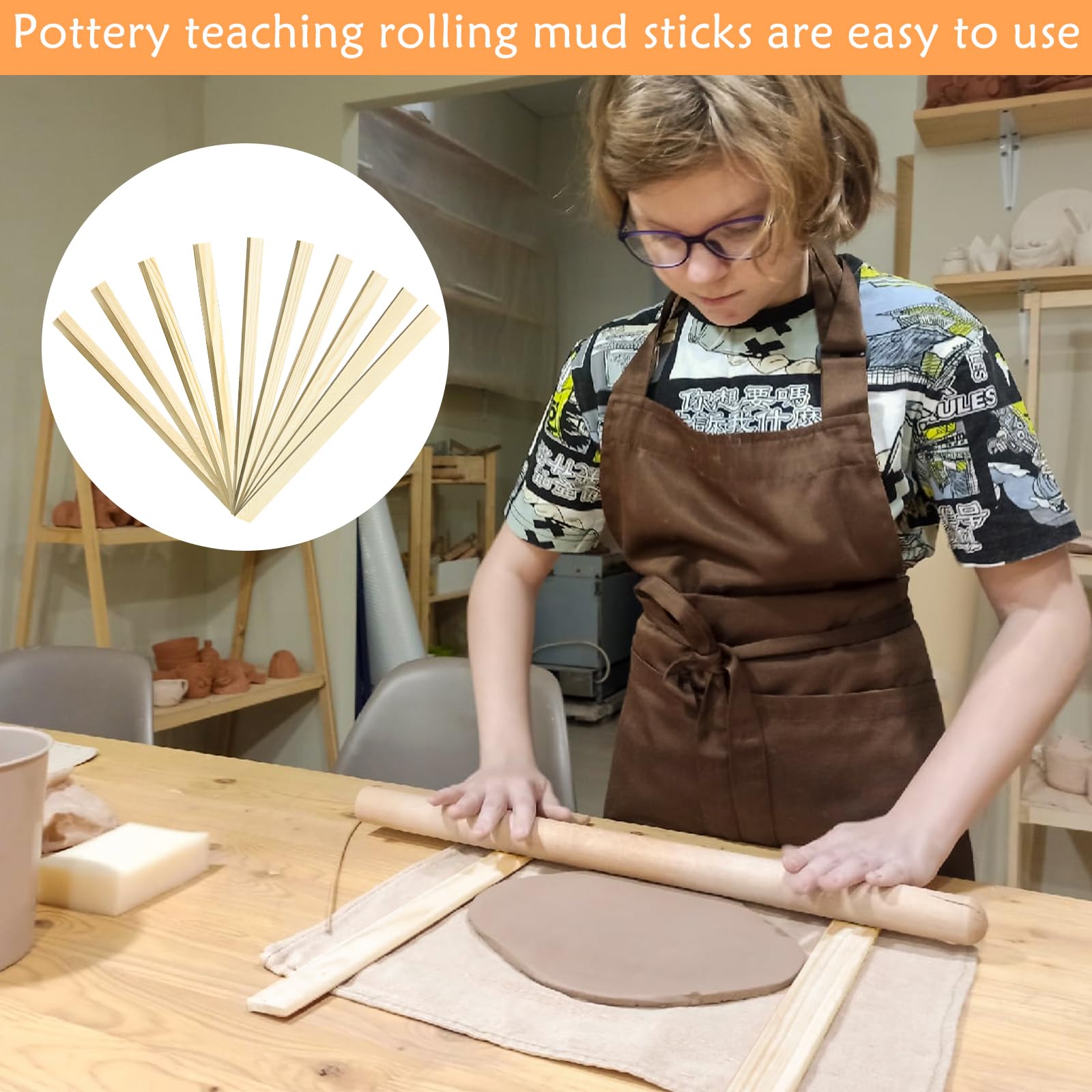 10Pcs Pottery Teaching Rolling Mud Stick Guide, Wooden Clay Rolling Pin for Clay Tools, Pottery Tools with Clay Slab Roller & Clay Guides Sticks, Ceramic Tools for Pottery Fixing Clay Thicknesses