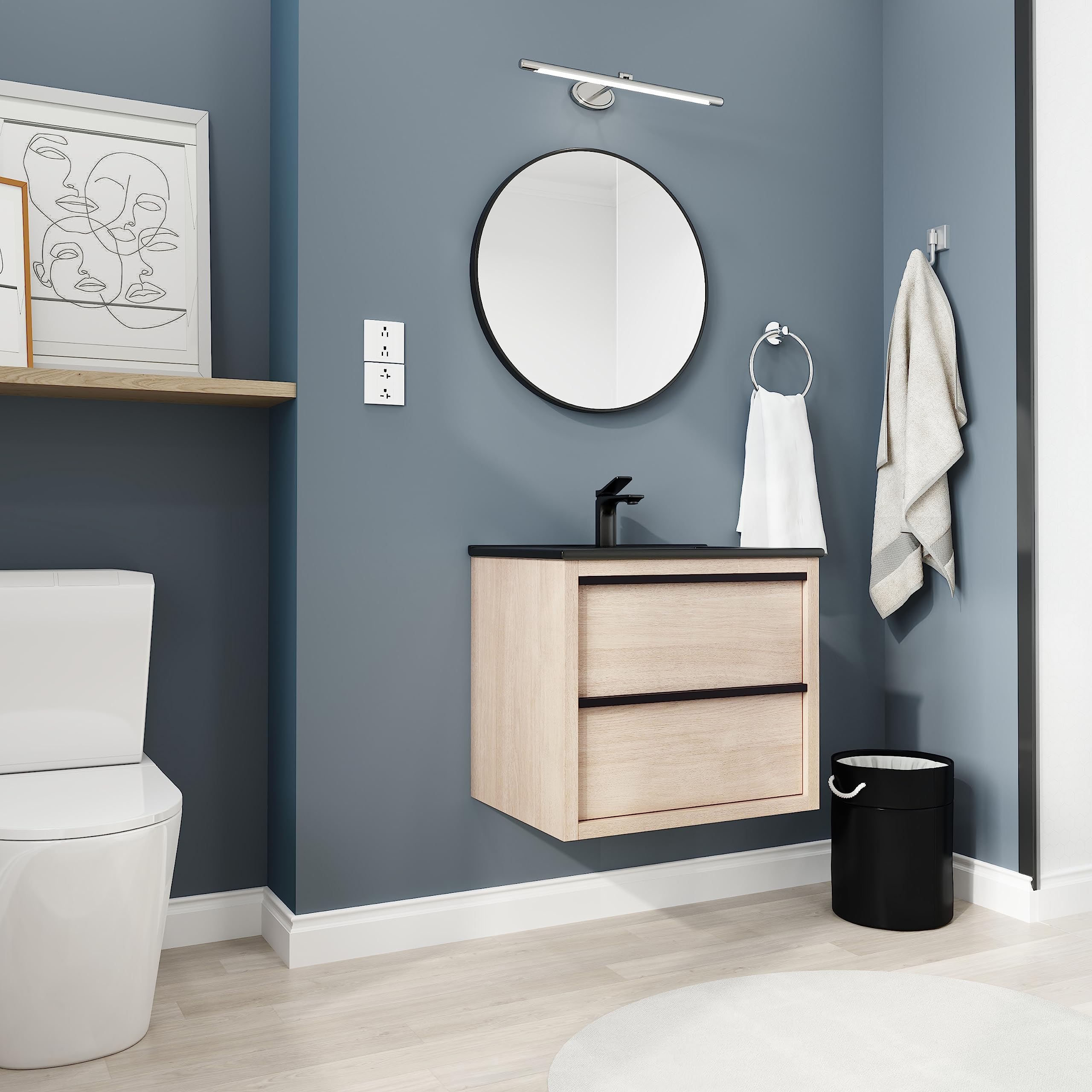 SmartEdge 24 Inch Bathroom Vanity, Modern White Floating Vanity, Wood Wall Mounted Bathroom Vanity 2 Drawers Storage Cabinet Ceramic Vessel Countertop Bath Vanity with Sink