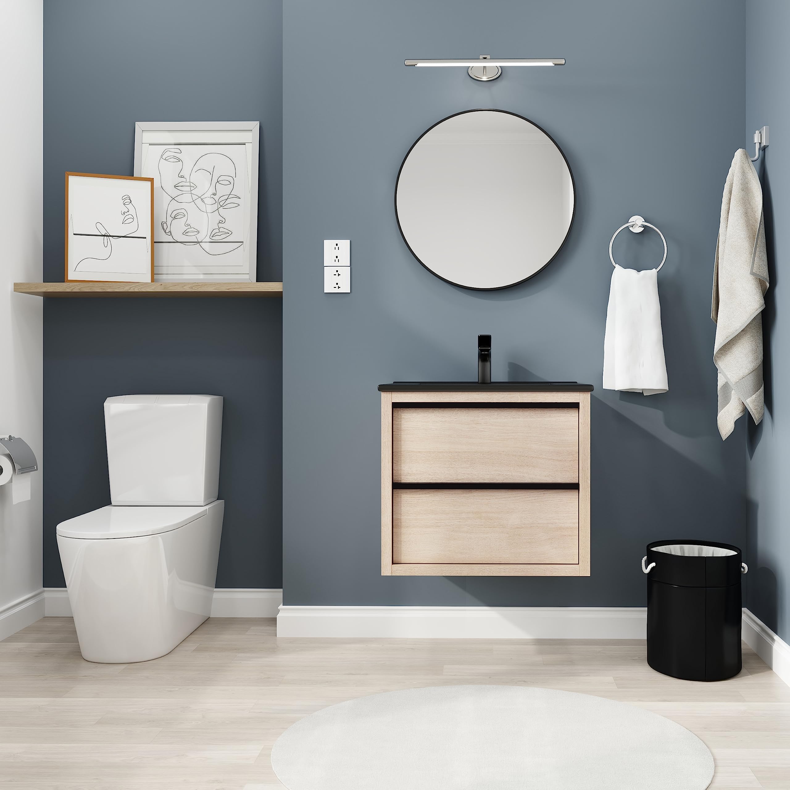 SmartEdge 24 Inch Bathroom Vanity, Modern White Floating Vanity, Wood Wall Mounted Bathroom Vanity 2 Drawers Storage Cabinet Ceramic Vessel Countertop Bath Vanity with Sink