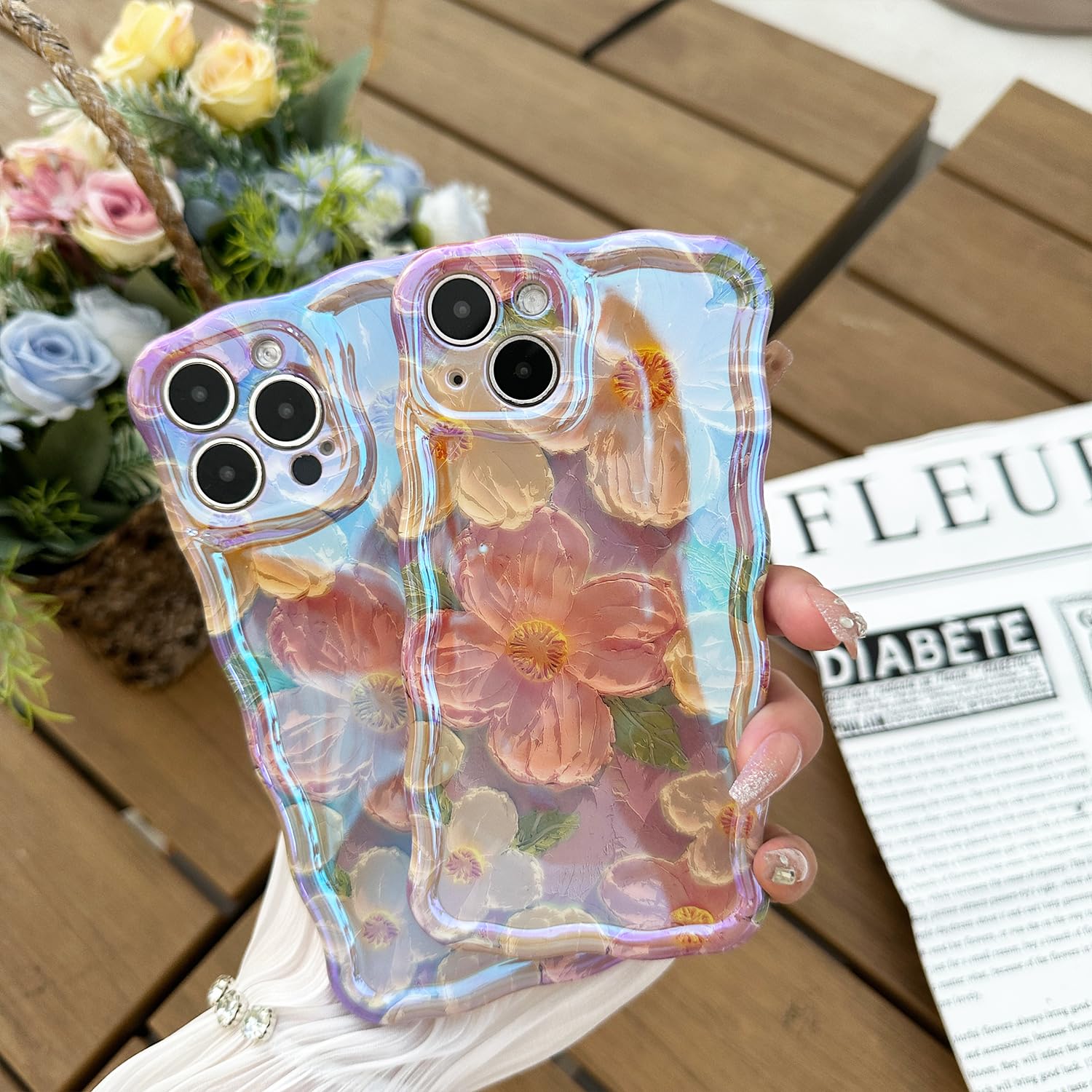 Sayoaho Compatible with iPhone 13 Pro Max Case for Women, Cute Curly Wave Frame Shape, Colorful Retro Oil Painting Flower Laser Beam Glossy Pattern, Compatible with iPhone 13 Pro Max, Pink