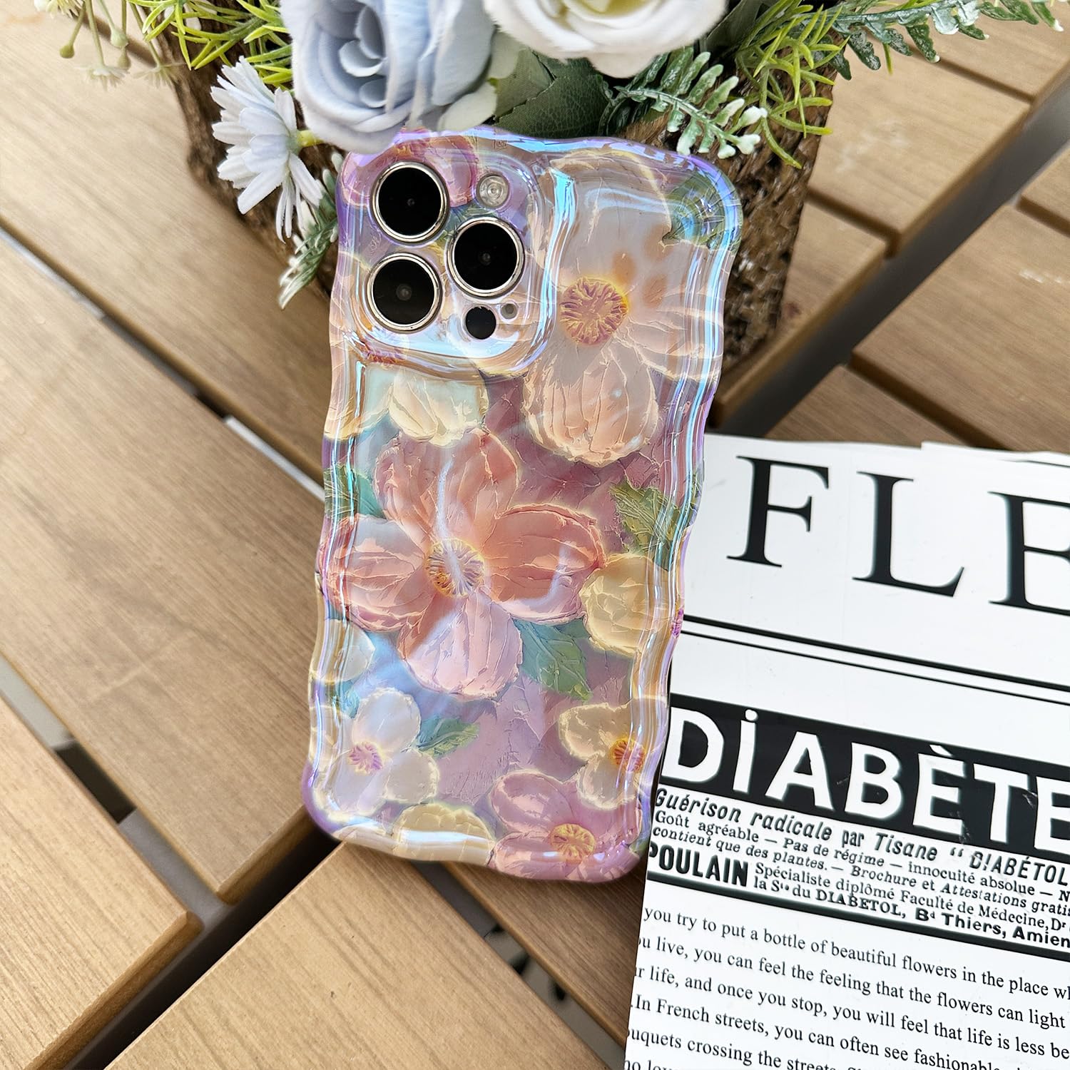 Sayoaho Compatible with iPhone 13 Pro Max Case for Women, Cute Curly Wave Frame Shape, Colorful Retro Oil Painting Flower Laser Beam Glossy Pattern, Compatible with iPhone 13 Pro Max, Pink