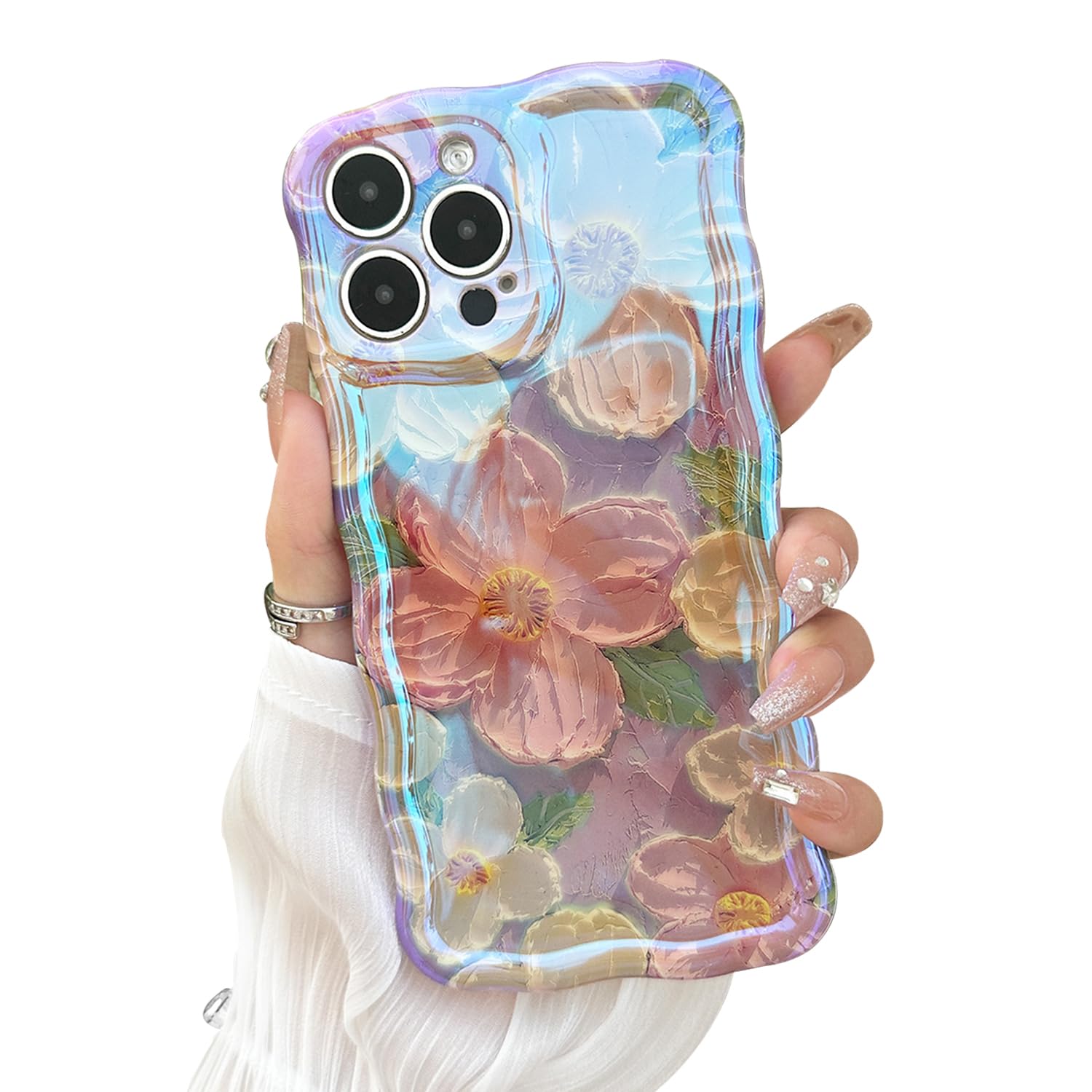 Sayoaho Compatible with iPhone 13 Pro Max Case for Women, Cute Curly Wave Frame Shape, Colorful Retro Oil Painting Flower Laser Beam Glossy Pattern, Compatible with iPhone 13 Pro Max, Pink