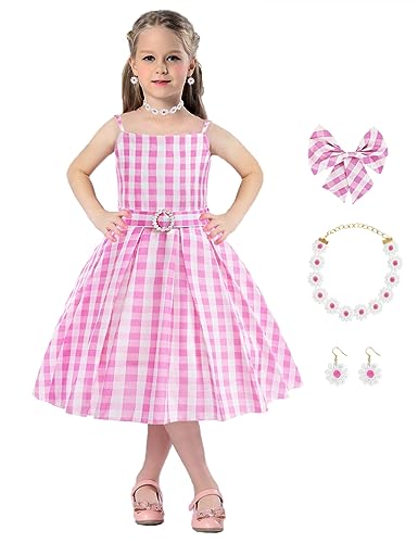 Kids Movie Heroine Costume Dress Girls Strap Pink Plaid Dress Outfits Halloween Costume Movie Party Cosplay with Accessories ZF016XXL