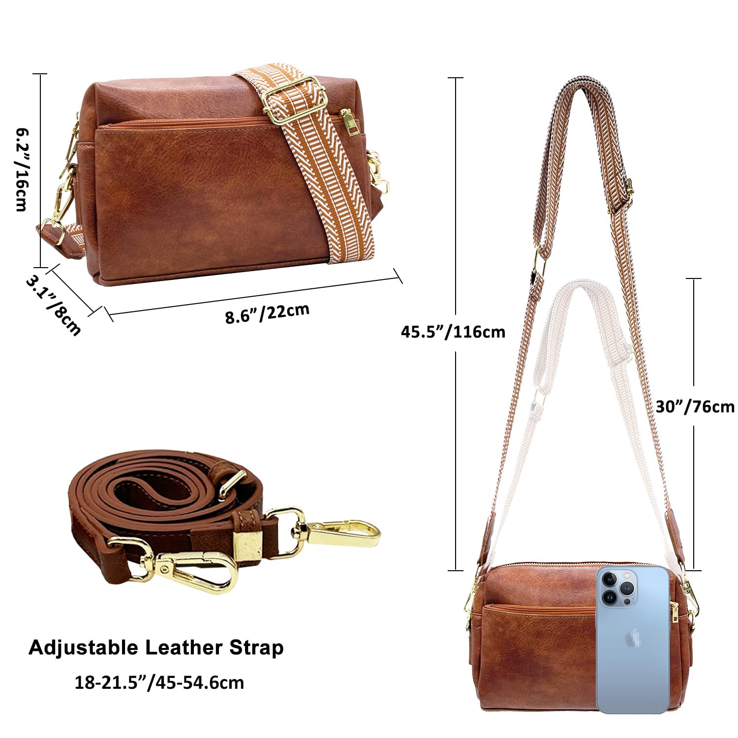 YUHAN PRETTY Small Crossbody Bags Purses for Women Triple Zip Vegan Leather Shoulder Handbags with Guitar & Leather Straps(Brown)