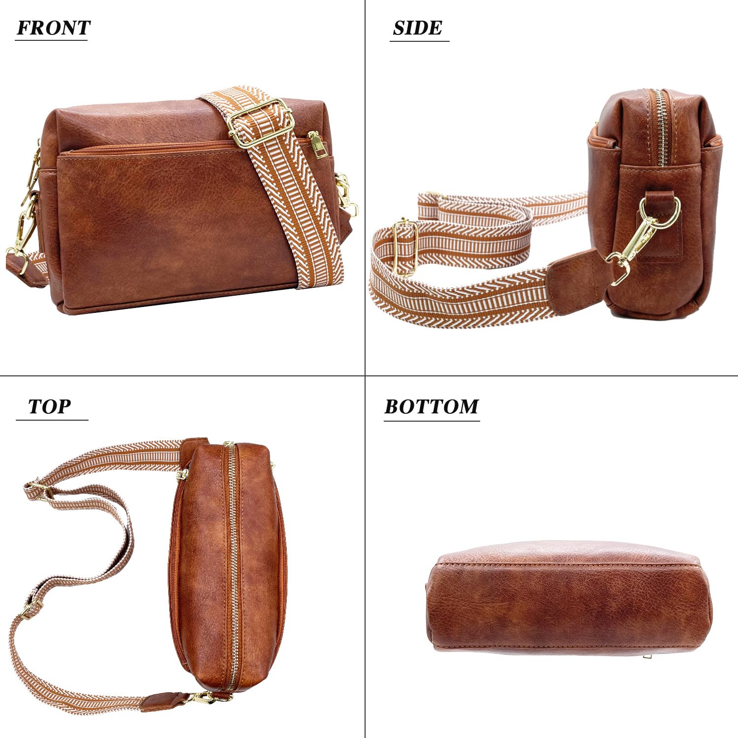 YUHAN PRETTY Small Crossbody Bags Purses for Women Triple Zip Vegan Leather Shoulder Handbags with Guitar & Leather Straps(Brown)
