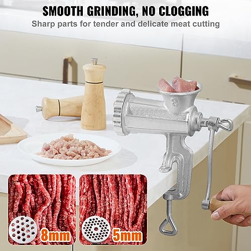 VEVOR Manual Meat Grinder, Heavy Duty Cast Iron Hand Meat Grinder with Steel Table Clamp, Meat Mincer Sausage Maker with 1 Cutting Blade, 2 Cutting Plates, 3 Sausage Tubes for Beef Pepper Mushroom