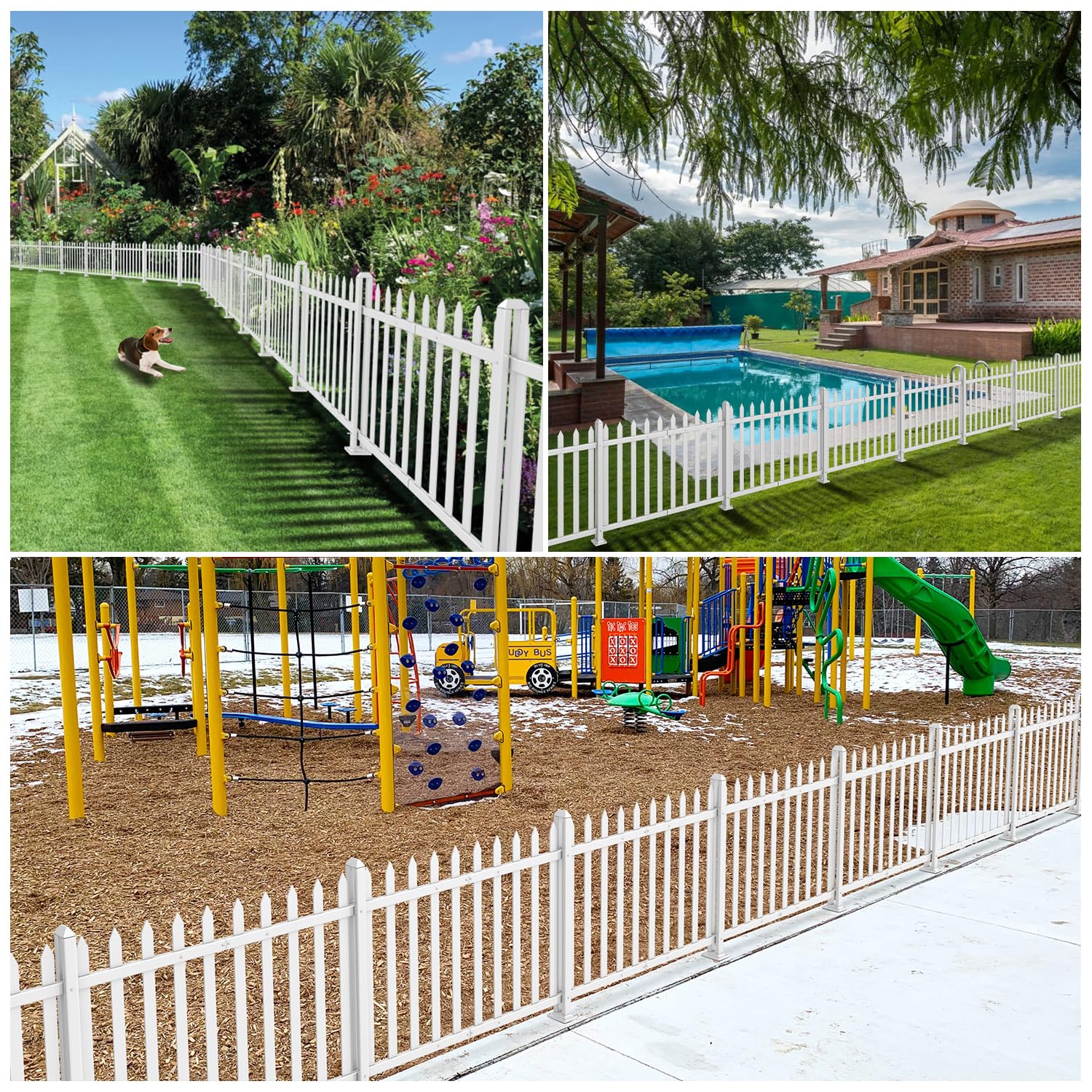 E&K 4 Sets 30"H x 84"W Vinyl White Picket Fence Panels Decorative Fencing for Front Porch Yard Garden Pool (34 Pickets, Straight)