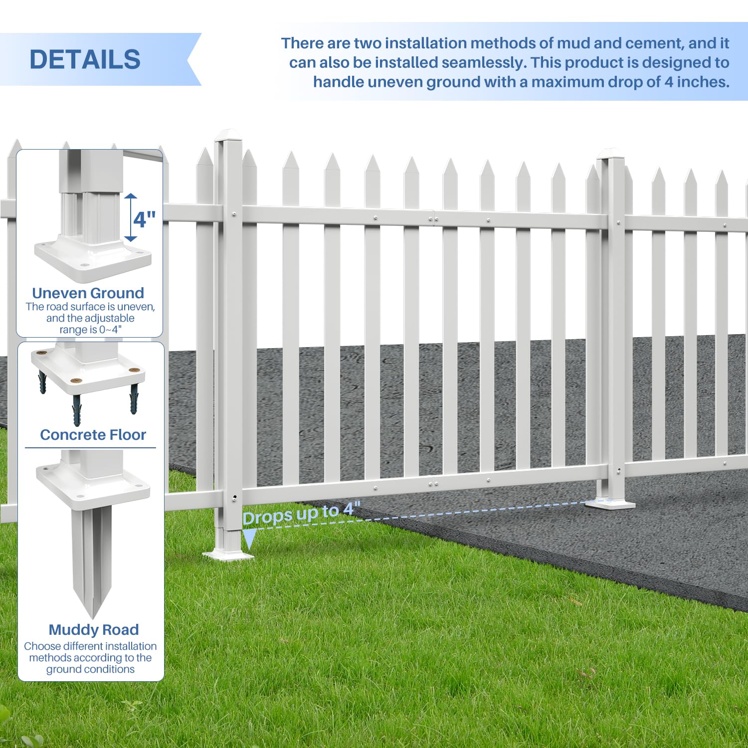 E&K 4 Sets 30"H x 84"W Vinyl White Picket Fence Panels Decorative Fencing for Front Porch Yard Garden Pool (34 Pickets, Straight)