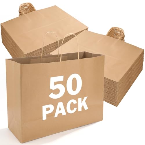 XPCARE 50Pack Paper Gift Bags with Handles Bulk,16x6x12Inch Plain Natural Kraft Bags Packaging,Brown Paper Bags,for Birthday Party,Boutiques,Small Business,Retail Stores,Merchandise