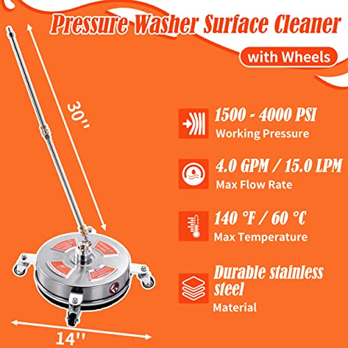 M MINGLE 14'' Pressure Washer Surface Cleaner Attachment, Driveway Power Washer Accessory with 2 Extension Wand, 1/4" Quick Connect, 4000 PSI