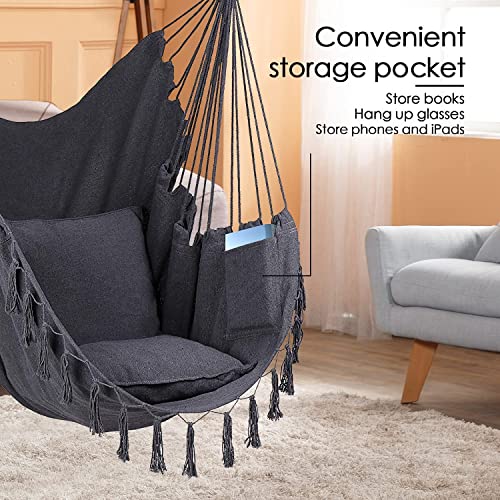 HFKJ Hammock Chair Hanging Rope Swing Chair with 2 Seat Cushions & Installation Kit, Max 330 Lbs, Handmade Macrame Hanging Chair for Bedroom Patio Yard Garden, Dark Grey
