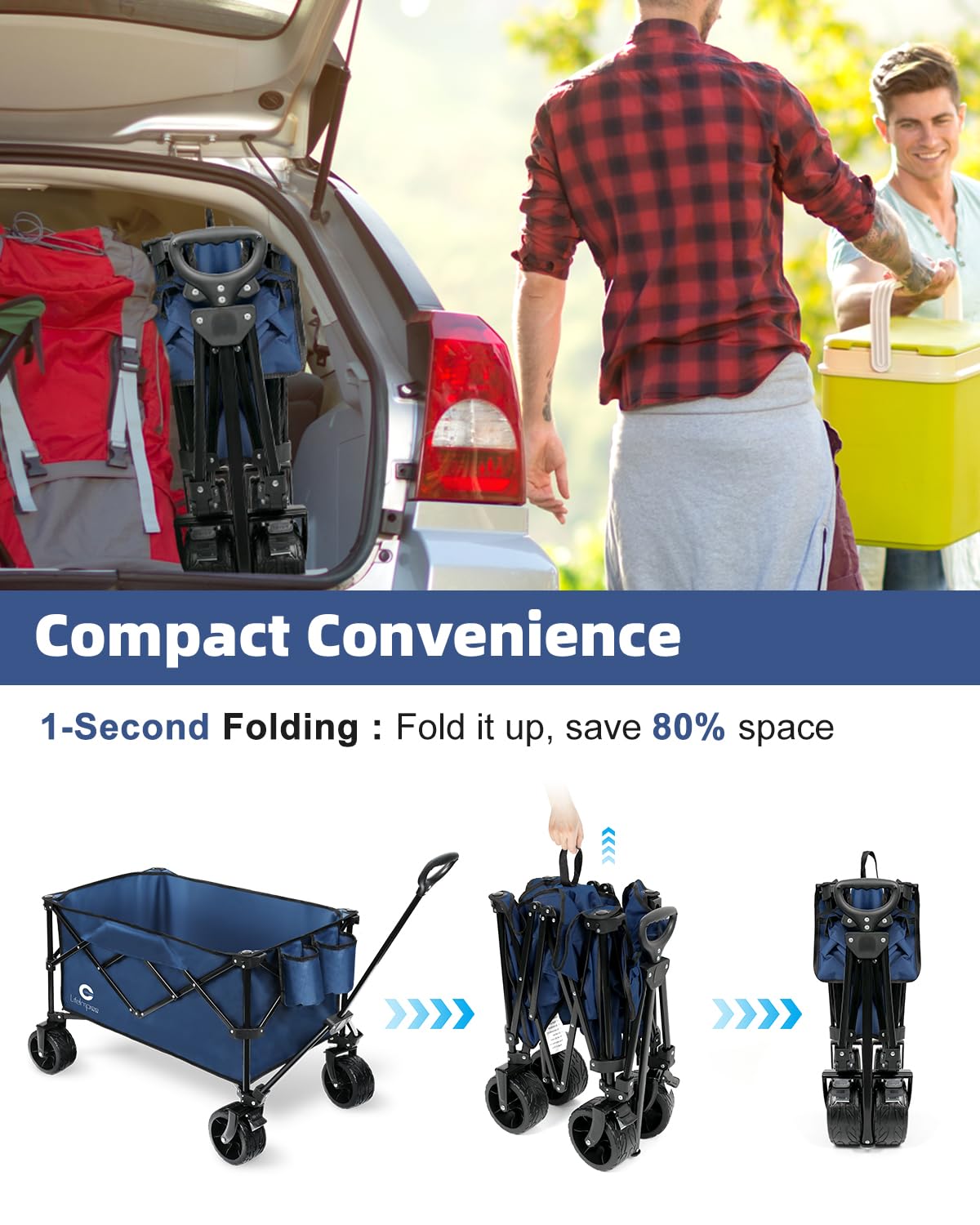 LifeImpree Collapsible Foldable Wagon, Beach Wagon with All Terrain Wheels, Heavy Duty Folding Utility Garden Cart, Adjustable Handle, 350LBS Capacity for Camping, Grocery, Sports, Shopping, Outdoor