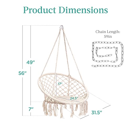 Best Choice Products Macramé Hanging Chair, Handwoven Cotton Hammock Swing for Indoor & Outdoor Use w/Mounting Hardware, Backrest, 265lb Capacity - Beige