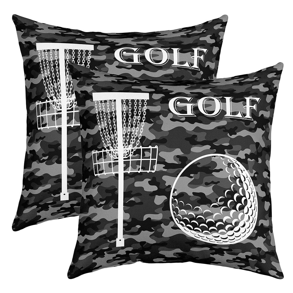 Golf Themed Throw Pillow Covers 18x18 Inch Set of 2 Black Gray Camo Modern Simple Style Cushion Covers for Kids Teens Adults Extreme Sports Competition Style Cushion Cases for Couch Party Office