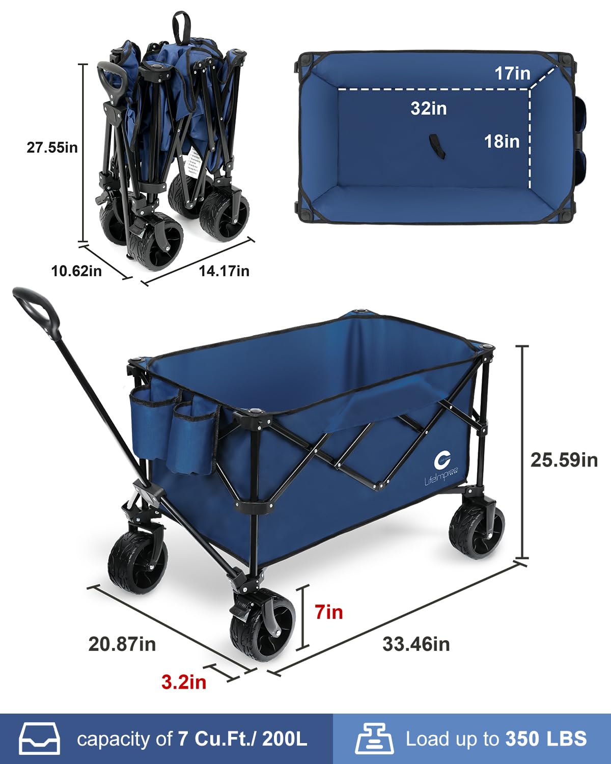 LifeImpree Collapsible Foldable Wagon, Beach Wagon with All Terrain Wheels, Heavy Duty Folding Utility Garden Cart, Adjustable Handle, 350LBS Capacity for Camping, Grocery, Sports, Shopping, Outdoor