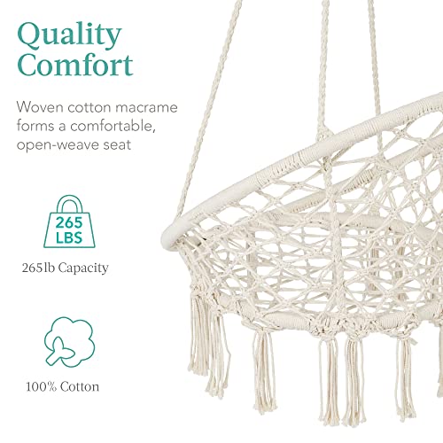 Best Choice Products Macramé Hanging Chair, Handwoven Cotton Hammock Swing for Indoor & Outdoor Use w/Mounting Hardware, Backrest, 265lb Capacity - Beige