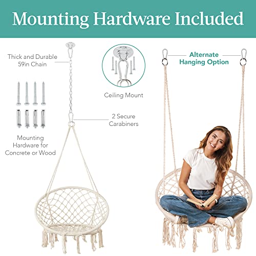 Best Choice Products Macramé Hanging Chair, Handwoven Cotton Hammock Swing for Indoor & Outdoor Use w/Mounting Hardware, Backrest, 265lb Capacity - Beige