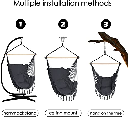 HFKJ Hammock Chair Hanging Rope Swing Chair with 2 Seat Cushions & Installation Kit, Max 330 Lbs, Handmade Macrame Hanging Chair for Bedroom Patio Yard Garden, Dark Grey