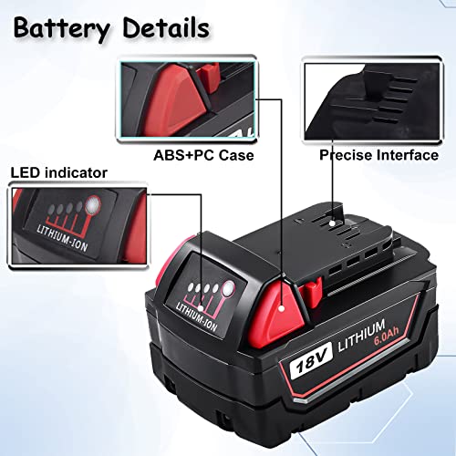 18V 6.0 Ah Replacement Lithium Battery for Milwaukee M18 Battery for Milwaukee 18V Battery 48-11-1815 48-11-1820 48-11-1828 48-11-1850 48-11-1840 Compatible with Milwaukee 18V Cordless Power Tools
