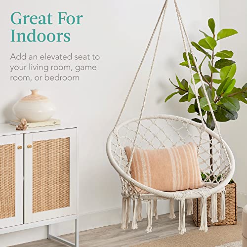 Best Choice Products Macramé Hanging Chair, Handwoven Cotton Hammock Swing for Indoor & Outdoor Use w/Mounting Hardware, Backrest, 265lb Capacity - Beige