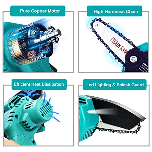 Mini ChainSaw Cordless with 2 Battery - 4 Inch Mini Handheld Chain Saw with Replacement Chain, Small Battery Powered Electric Portable Chain Saw for Branch Wood Cutting and Garden Tree Trimming