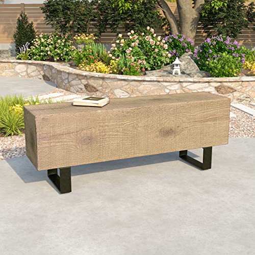 SUNBURY Outdoor Patio Concrete Bench, Wooden Look Bench for Patio, 48" Garden Bench Log Table, MgO and Rustic Metal Legs in Light Brown for proch Backyard