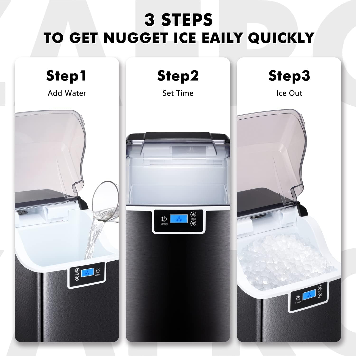 ZAFRO Nugget Ice Makers Countertop with Soft & Chewable Pellet Ice Portable Self-Cleaning Compact Ice Machine 44Lbs/24H with Ice Scoop and Basket Suitable for Home/Kitchen/Office/Bar Party