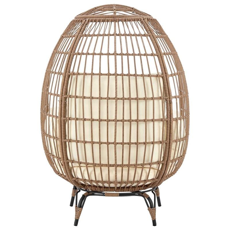 Manhattan Comfort Spezia Freestanding Steel and Rattan Outdoor Egg Chair with Cushions, Tan and Cream