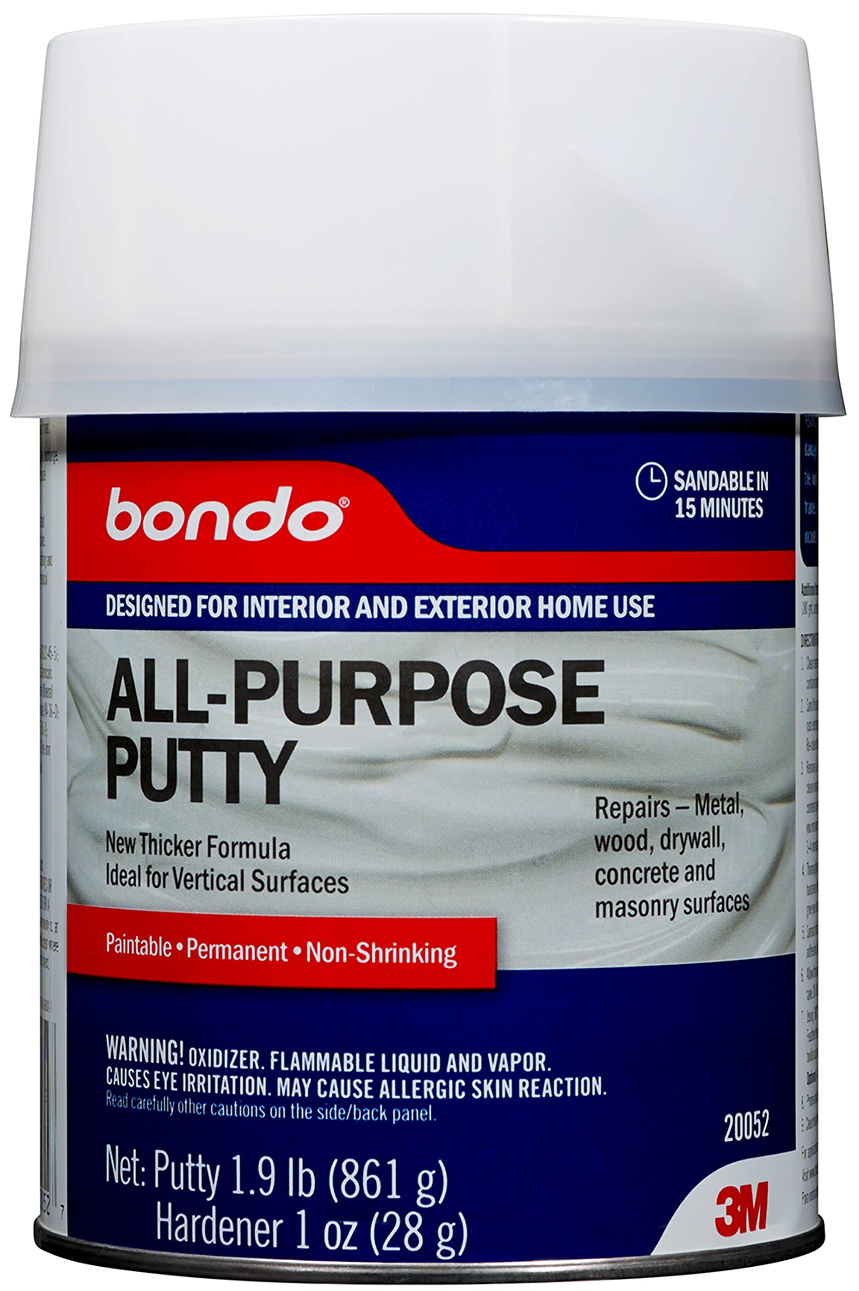 Bondo All-Purpose Putty, Designed for Interior and Exterior Home Use, Paintable, Permanent, Non-Shrinking, 1.9 lb., 1-Quart