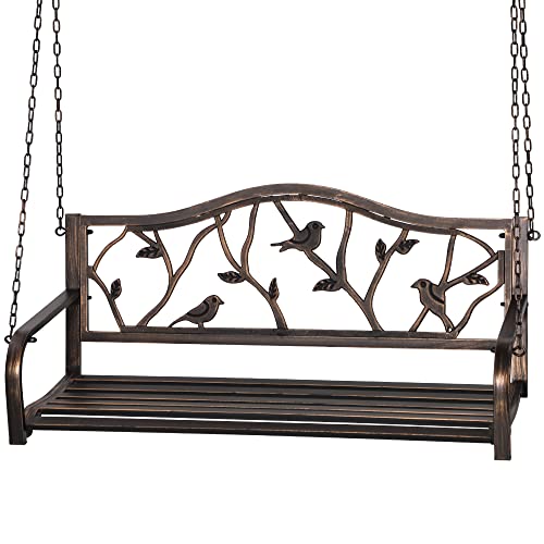 PHI VILLA Outdoor Metal Porch Swing, Outdoor Steel Hanging Swing Chair Patio Bench Swing with Sturdy Chains & Bird Pattern Backrest, 450lbs Weight Capacity for Porch, Deck-Bronze