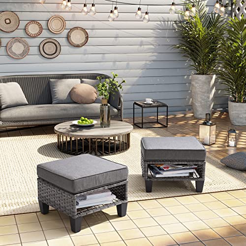 JOINHOM 2 Pieces Outdoor Patio Wicker Ottoman,Indoor Rattan Footrest Seat with Removable Comfortable Cushions, for Bedroom, Living Room,Balcony, Backyard, Garden