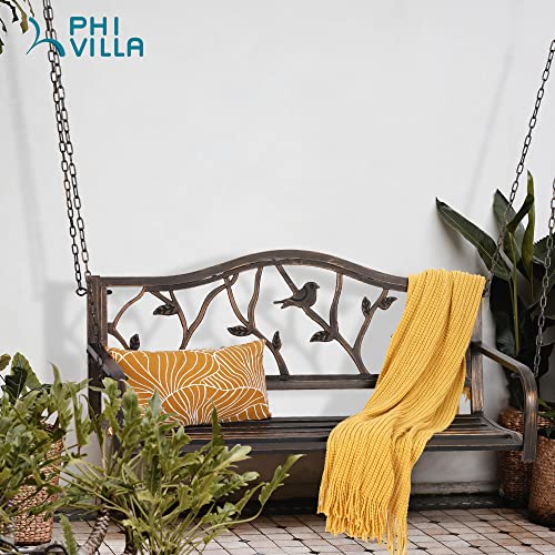 PHI VILLA Outdoor Metal Porch Swing, Outdoor Steel Hanging Swing Chair Patio Bench Swing with Sturdy Chains & Bird Pattern Backrest, 450lbs Weight Capacity for Porch, Deck-Bronze