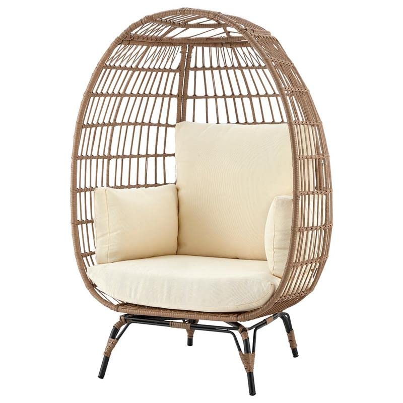Manhattan Comfort Spezia Freestanding Steel and Rattan Outdoor Egg Chair with Cushions, Tan and Cream