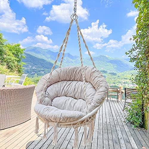 Hammock Chair with Cushion, Handmade Macrame Swing Chair with Hanging Hardware Kits, Bohemian Style Cotton Rope, Hanging Chair for Indoor Outdoor, Bedroom, Living Room, Patio -330lbs Capacity