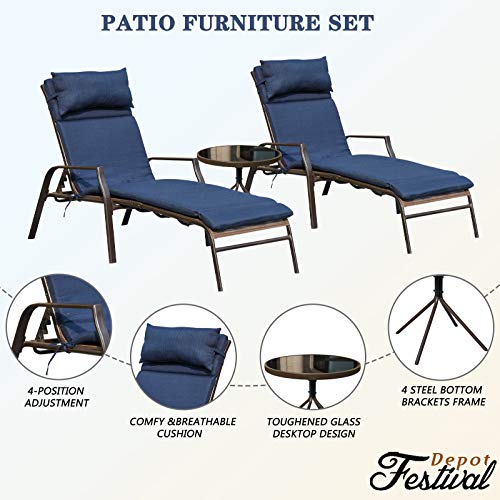 Festival Depot 3 Pieces Outdoor Patio Chaise Lounge Adjustable Back Chairs Set of 2 Chairs and 1 Bistro Table for Pool Garden Backyard with Removable Cushions (Blue)