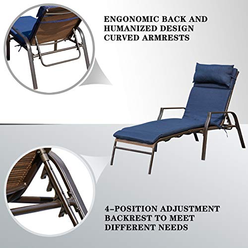 Festival Depot 3 Pieces Outdoor Patio Chaise Lounge Adjustable Back Chairs Set of 2 Chairs and 1 Bistro Table for Pool Garden Backyard with Removable Cushions (Blue)