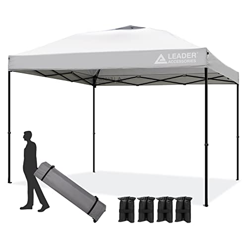 Leader Accessories Silver Pop-Up Canopy Tent 10'x10' Canopy Instant Canopy Straight Leg Shelter with Wheeled Carry Bag, with 4pcs Sandbags