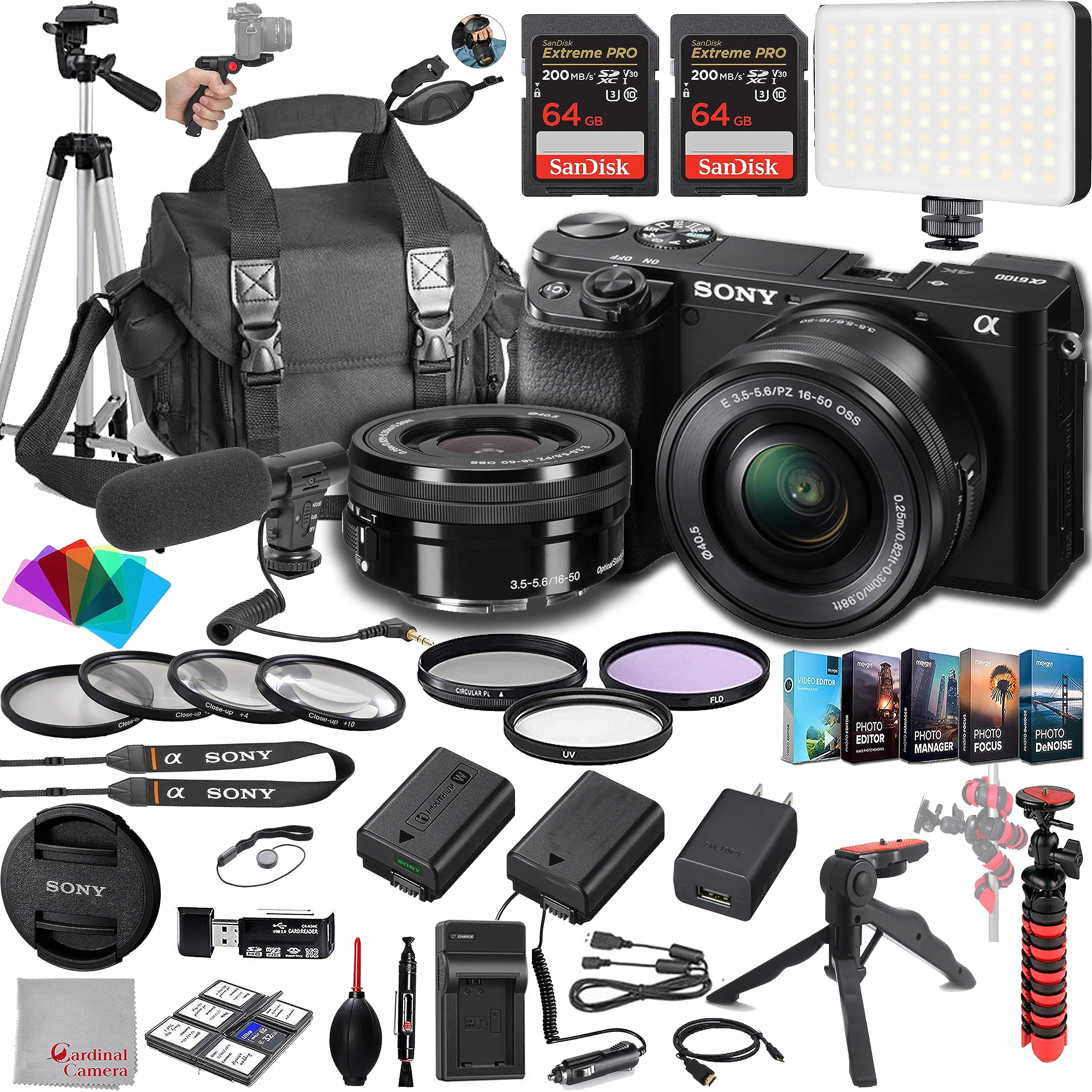 Sony a6100 Mirrorless Camera with 16-50mm + 55-210mm Lenses, 128GB Extreem Speed Memory,.43 Wide Angle & 2X Lenses, Case,Tripod, Filters, Spare Battery & Charger,Editing Software Kit -Deluxe Bundle