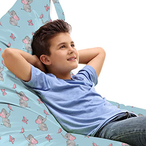 Ambesonne Cartoon Lounger Chair Bag, Funny Childish Elephants Playing and Butterflies Repetitive Pattern, High Capacity Storage with Handle Container, Lounger Size, Pale Blue Pearl Pale Pink