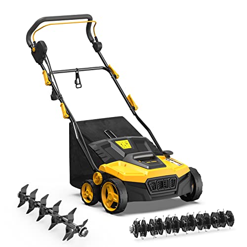 Rock&Rocker 15 INCH 13Amp Electric Dethatcher Scarifier, 2-in-1 Dethatcher Aerator, 5 Working Depth, 45L Thatch Bag, Tool-Free & Foldable Handle, Easy Storage, 3 Rod Handle Height, for Lawn Health