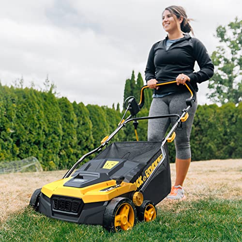 Rock&Rocker 15 INCH 13Amp Electric Dethatcher Scarifier, 2-in-1 Dethatcher Aerator, 5 Working Depth, 45L Thatch Bag, Tool-Free & Foldable Handle, Easy Storage, 3 Rod Handle Height, for Lawn Health