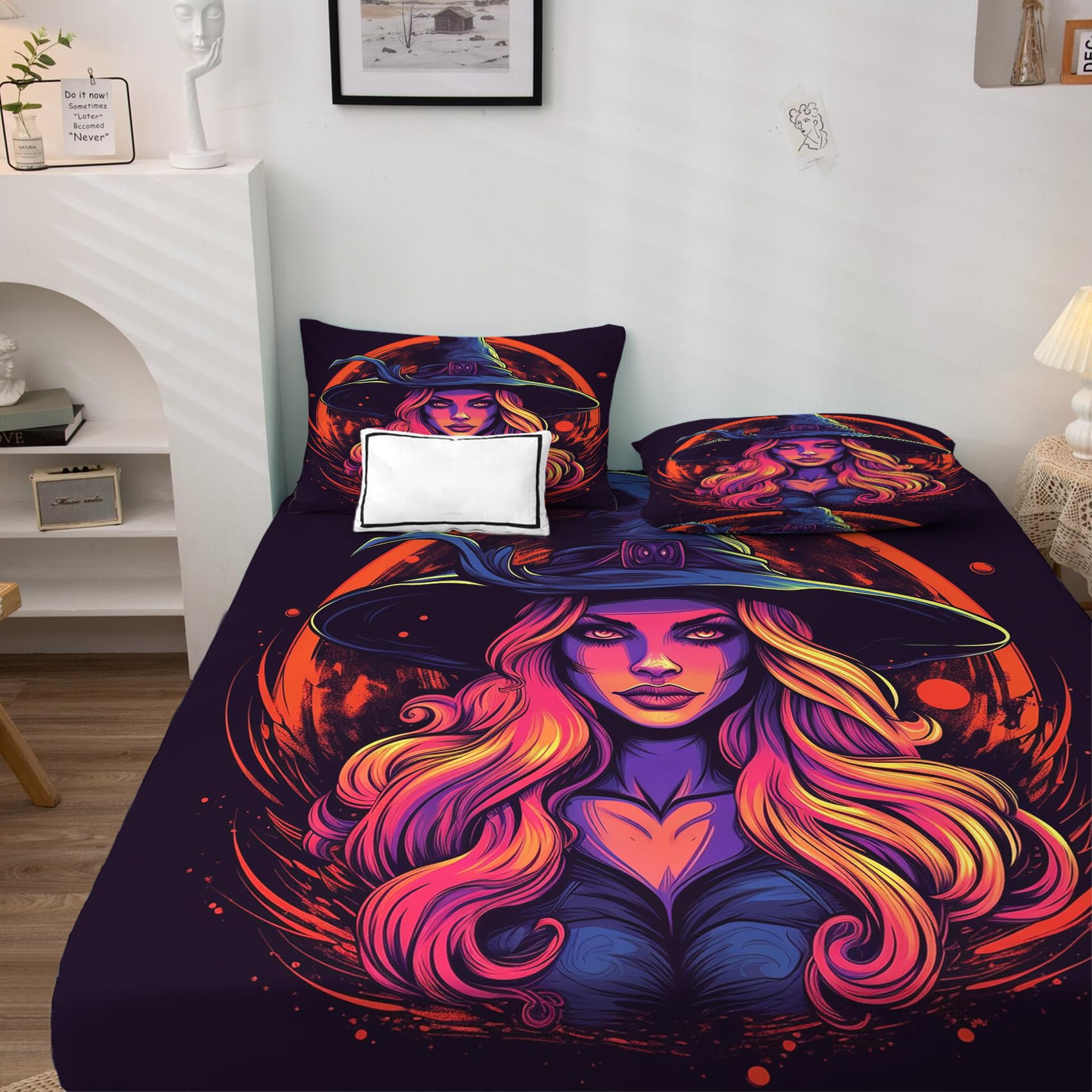 Witchy Sheets Full Size, Halloween Bed Sheets, Patterned Bedding Sheets & Pillowcases 4 Piece Set - Soft Microfiber Deep Pocket Fitted Sheet & Flat Sheet & 2 Pillow Cases L5-&-76