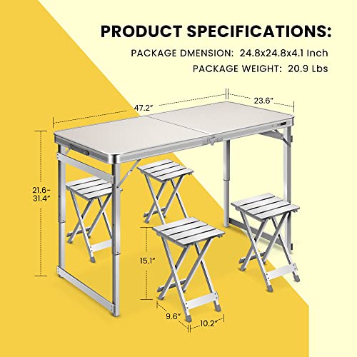 VIVOHOME 4 FT Aluminum Portable 3 Adjustable Height Folding Picnic Table with 4 Stools Set Lightweight for Camping BBQ Party Backyard Indoor Outdoor