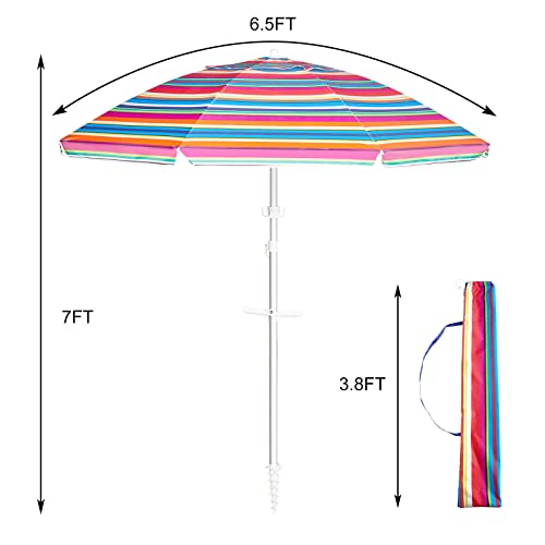 Aoxun Beach Umbrella, 7ft Umbrella with Sand Anchor & Tilt Aluminum Pole, Portable UV 50+ Protection Beach Umbrella with Carry Bag Rainbow Stripe