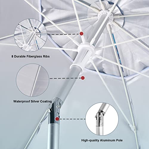 Aoxun Beach Umbrella, 7ft Umbrella with Sand Anchor & Tilt Aluminum Pole, Portable UV 50+ Protection Beach Umbrella with Carry Bag Rainbow Stripe