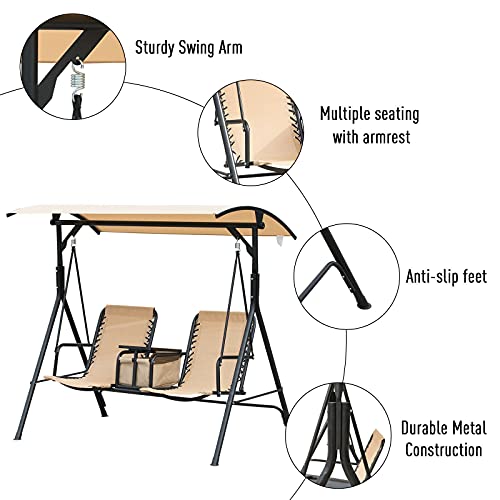 GXP Steel Outdoor Porch Swing Chair Patio Bench w/Storage Canopy, 2 Person Beige