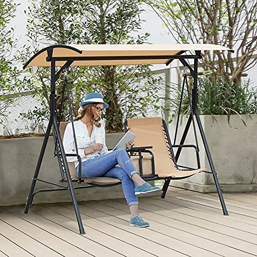 GXP Steel Outdoor Porch Swing Chair Patio Bench w/Storage Canopy, 2 Person Beige