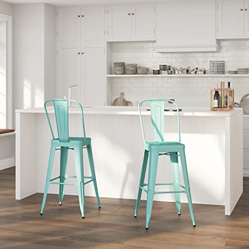 Merrick Lane Stella 30" Metal Indoor-Outdoor Barstool with Vertical Slat Back and Integrated Footrest in Mint Green