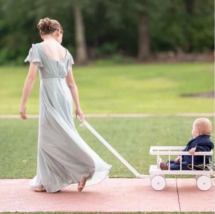 Premium Wooden Wagon JAS - Safe and Beautiful | Ideal for Weddings and Flower Girls | Color: White Fluff + seat Belt| Wheels: Rubber